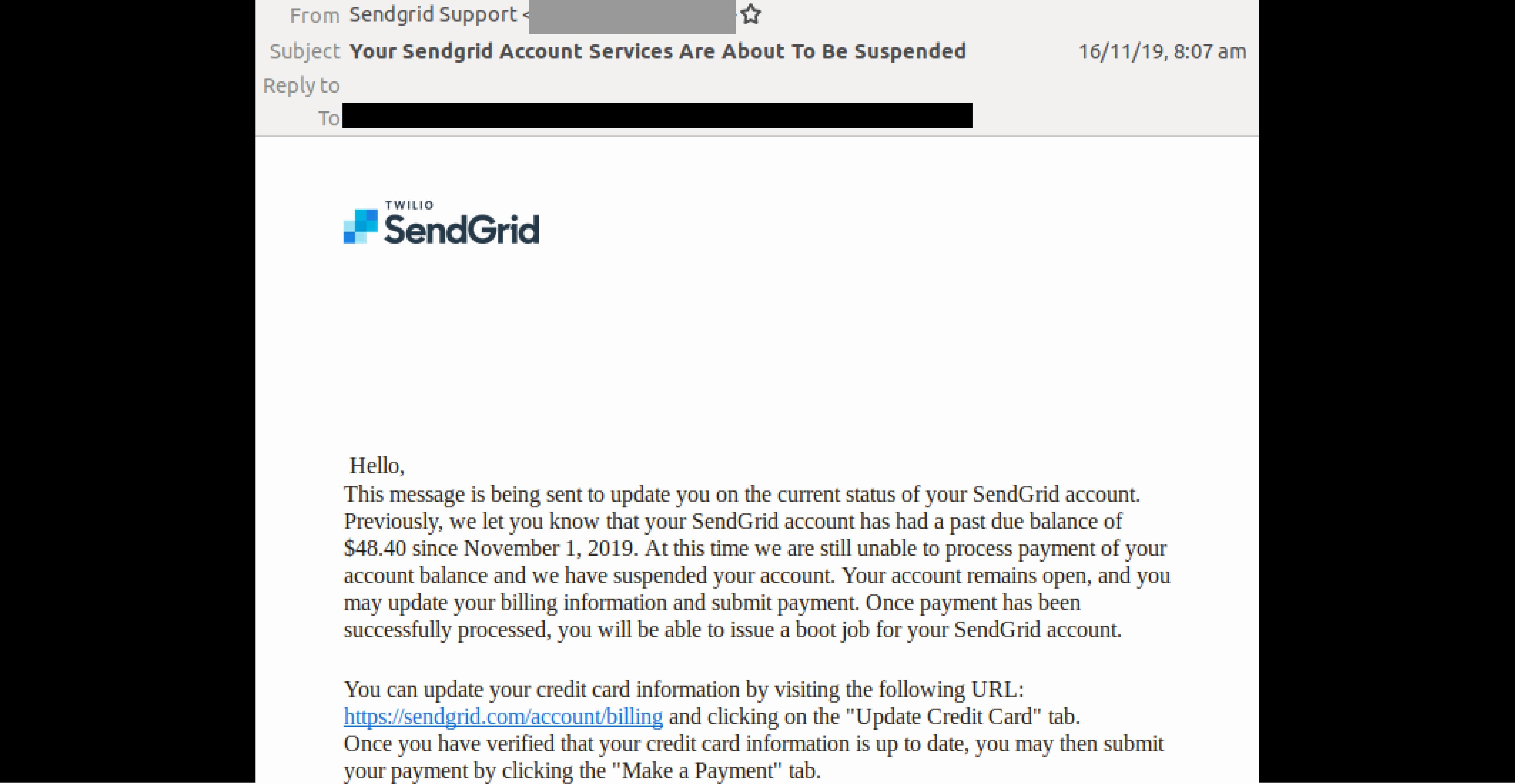 Phishing email scam purporting to be from Mailgun & SendGrid informs users of account issues